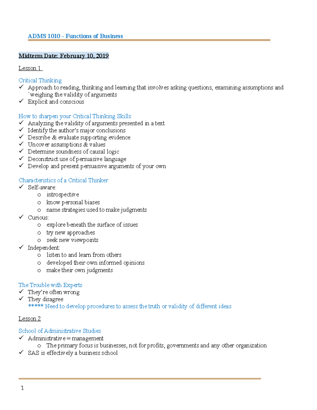 ADMS 1010 Notes - ADMS 1010 - Functions of Business Midterm Date ...