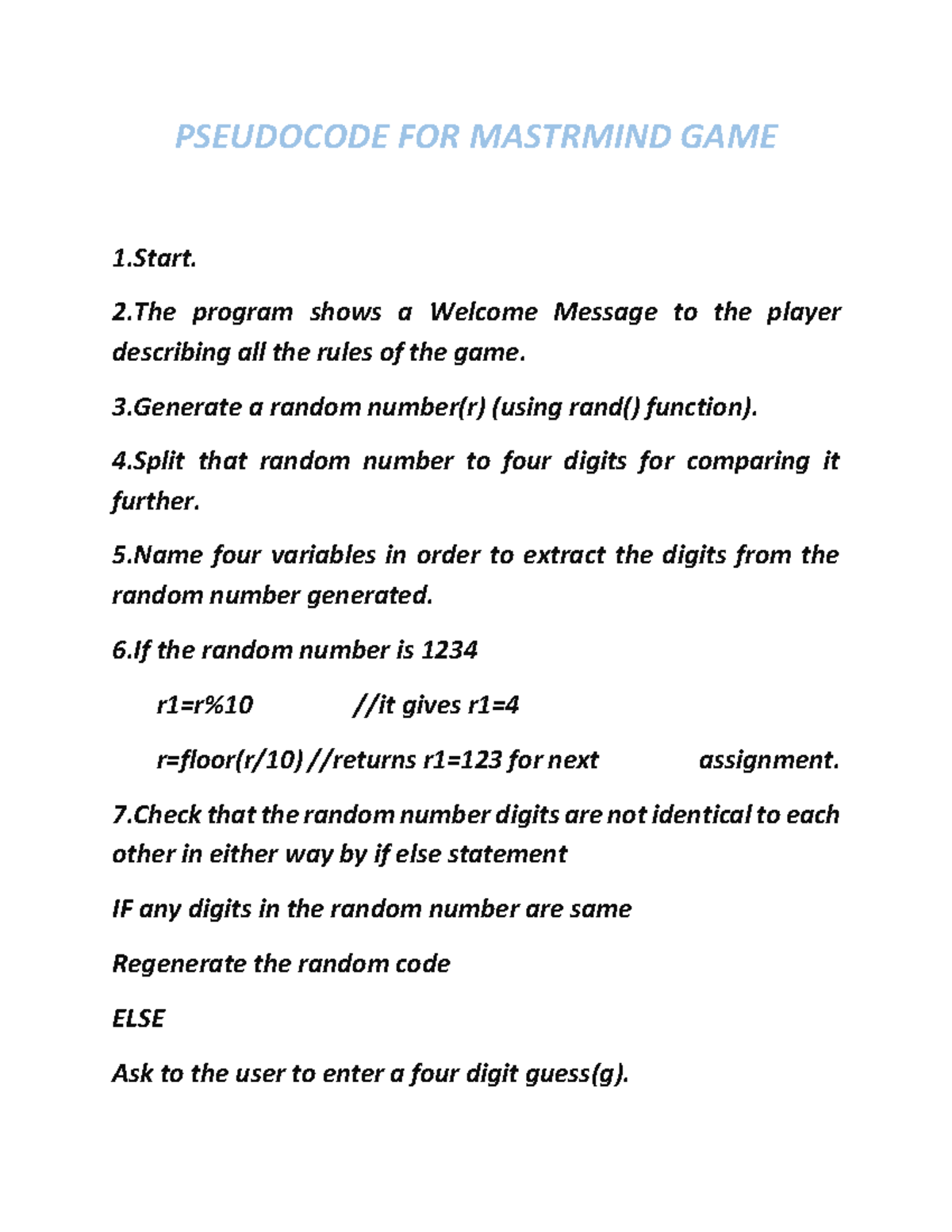 Pseucodepdf - comp - PSEUDOCODE FOR MASTRMIND GAME 2 program shows a ...