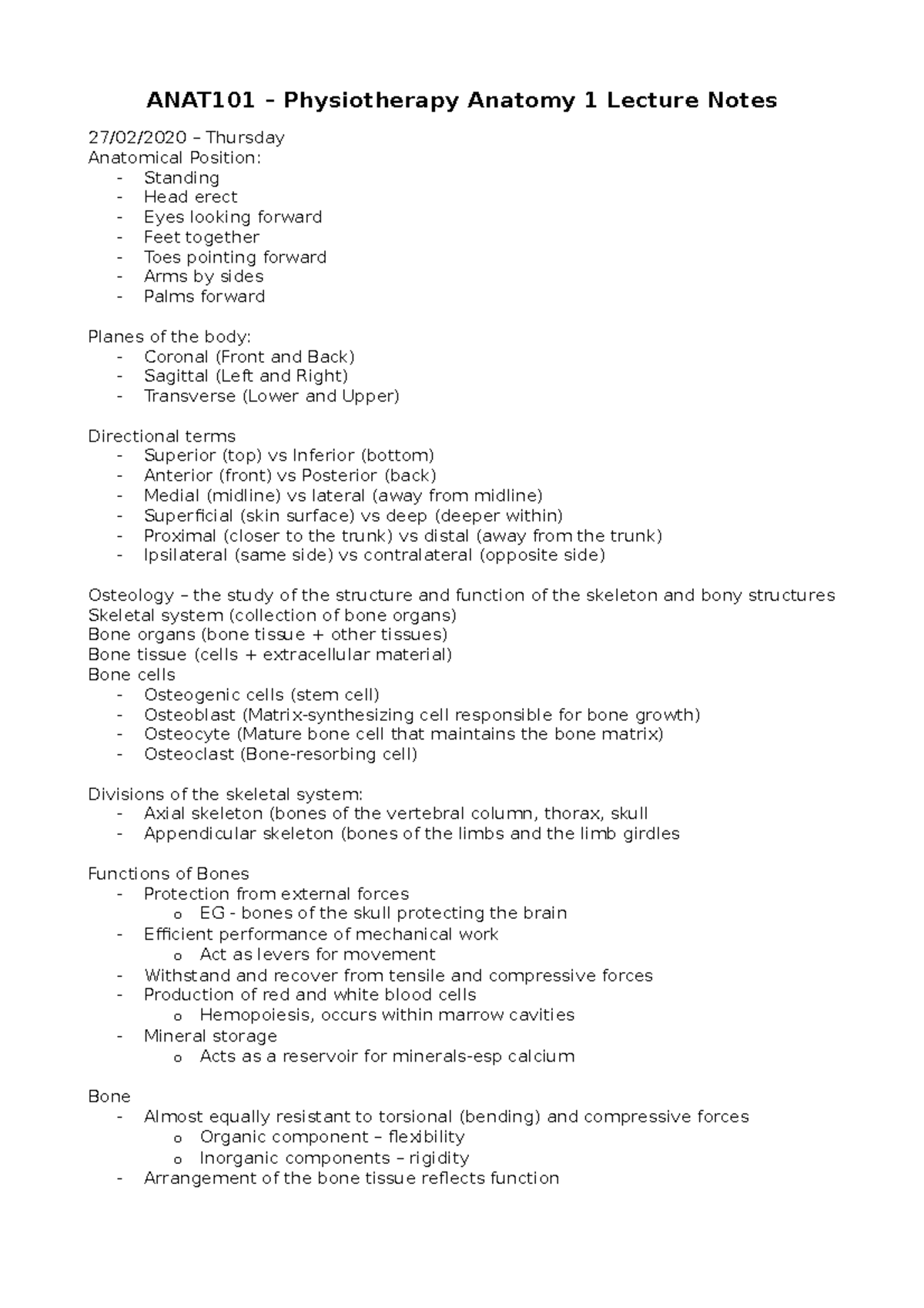 ANAT101 Physio Anatomy 1 Lecture Notes - ANAT101 – Physiotherapy ...