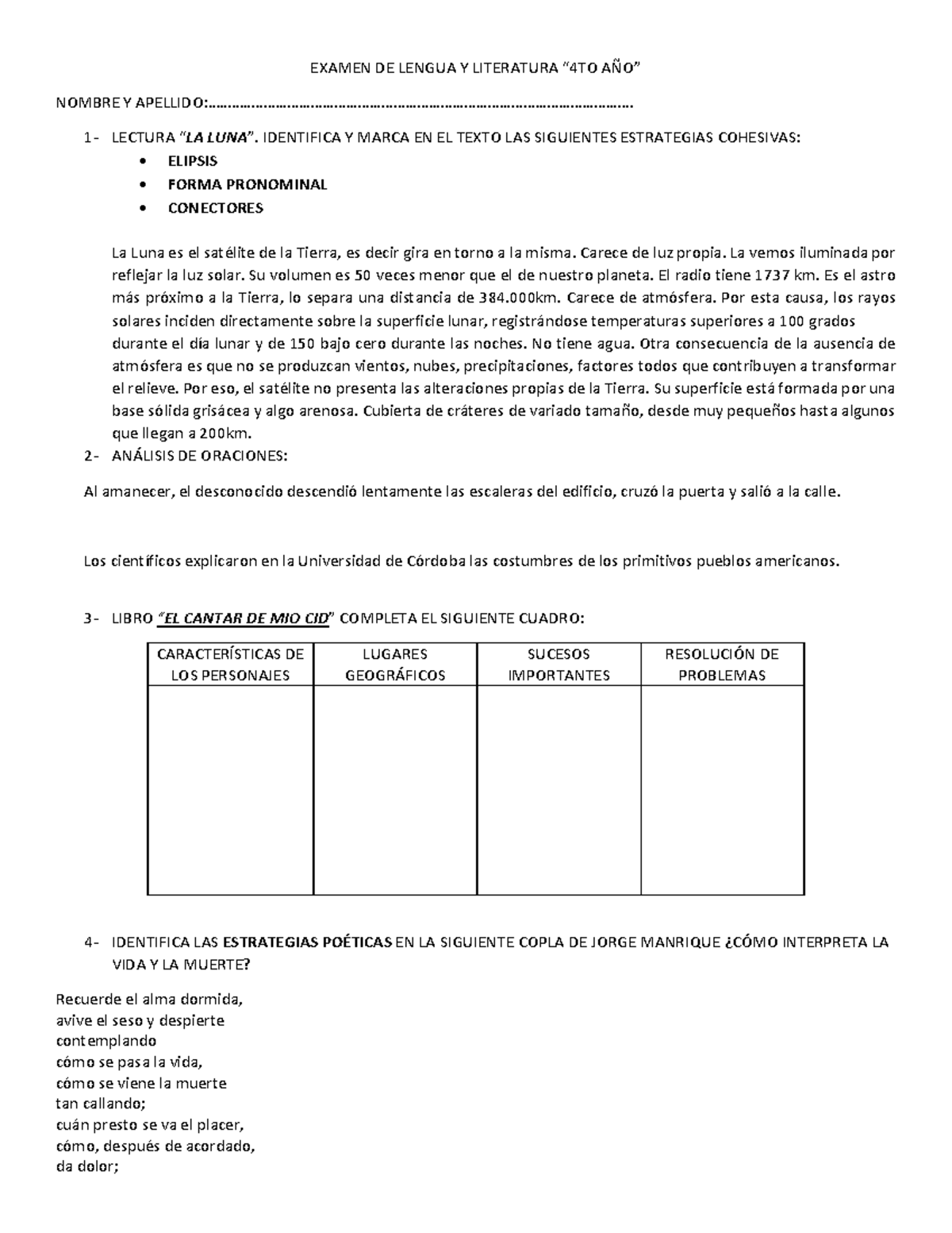 Nuevo Examen DE 4TO AÑO - EXAMEN DE LENGUA Y LITERATURA “4TO AÑO” NOMBRE Y - Studocu