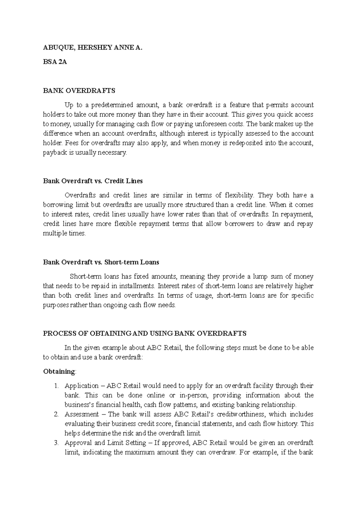 BANK Overdrafts - ABUQUE, HERSHEY ANNE A. BSA 2A BANK OVERDRAFTS Up to ...