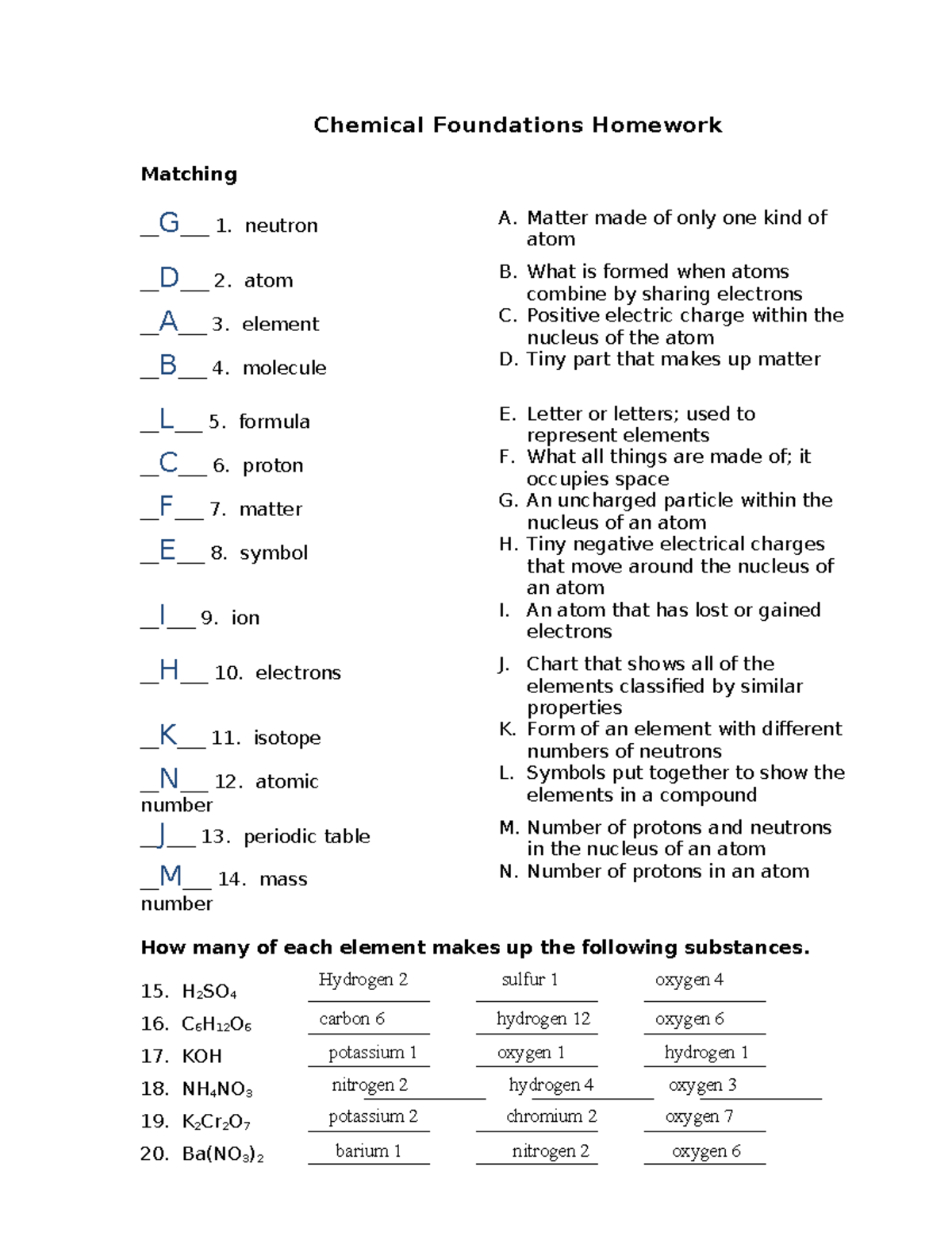 Chemical Foundations HW KEY - Chemical Foundations Homework Matching G ...