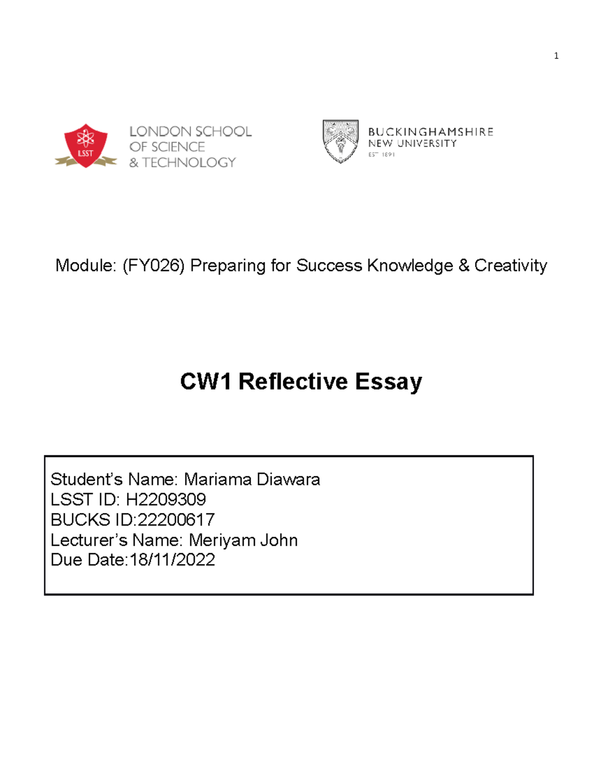 Reflective Essay - Assignment Brief - Module: (FY026) Preparing for ...