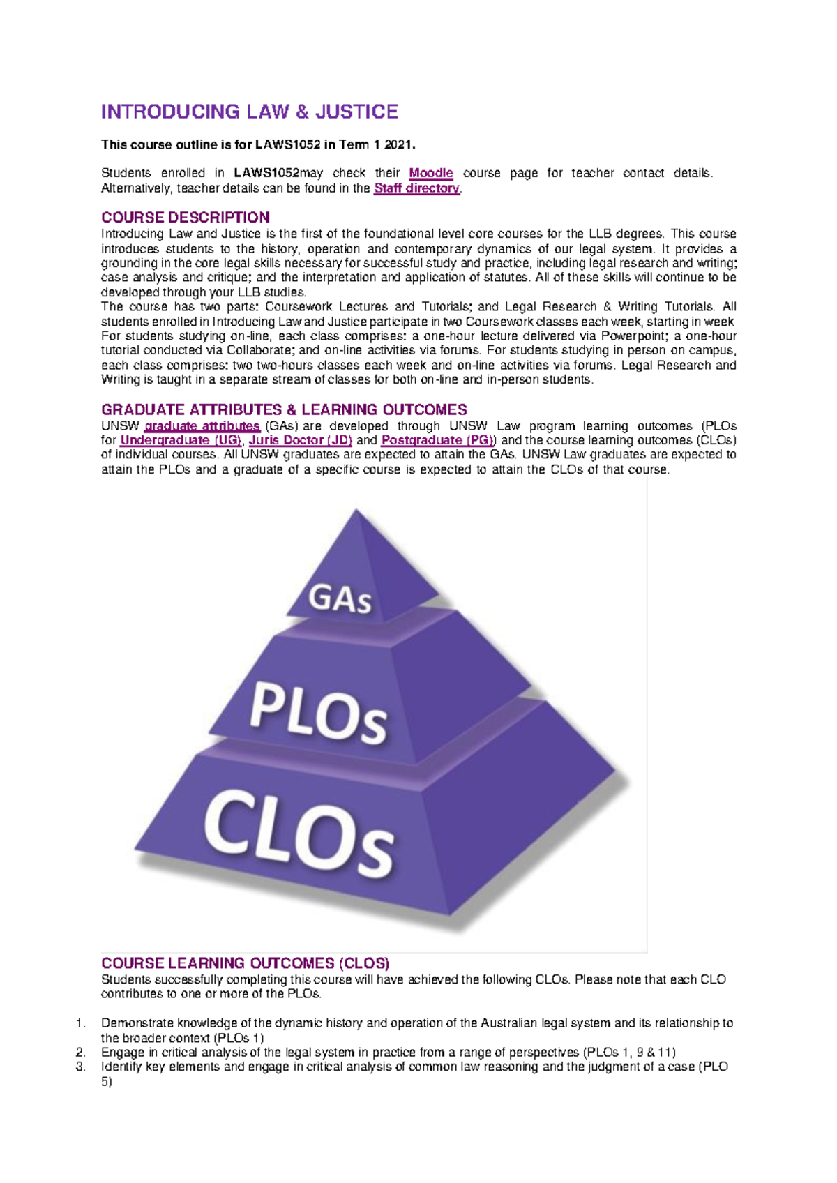 Course Outline and Learning Outcomes - INTRODUCING LAW & JUSTICE This ...