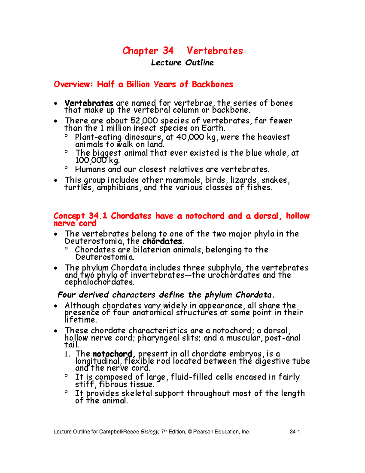 Chapter 34 Textbook notes - Chapter 34 Vertebrates Lecture Outline ...
