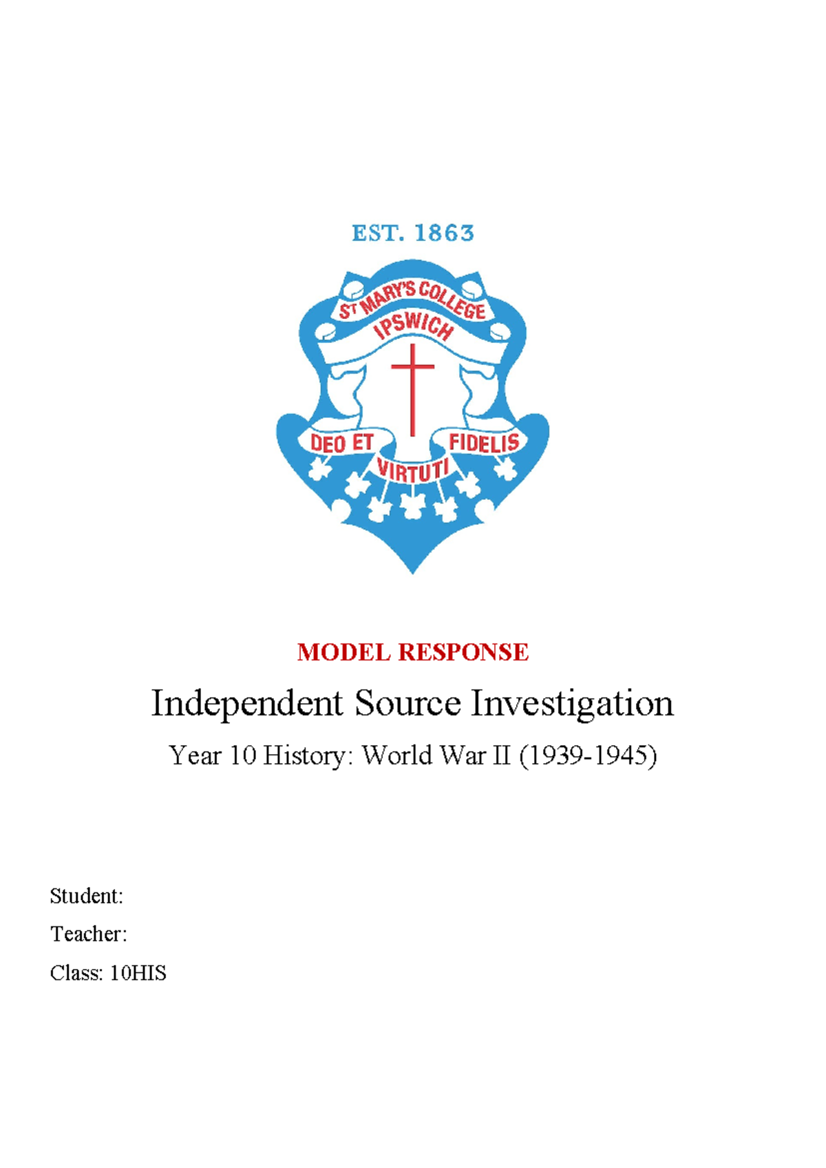 Model Response- Independent Source Investigation- Year 10 History ...