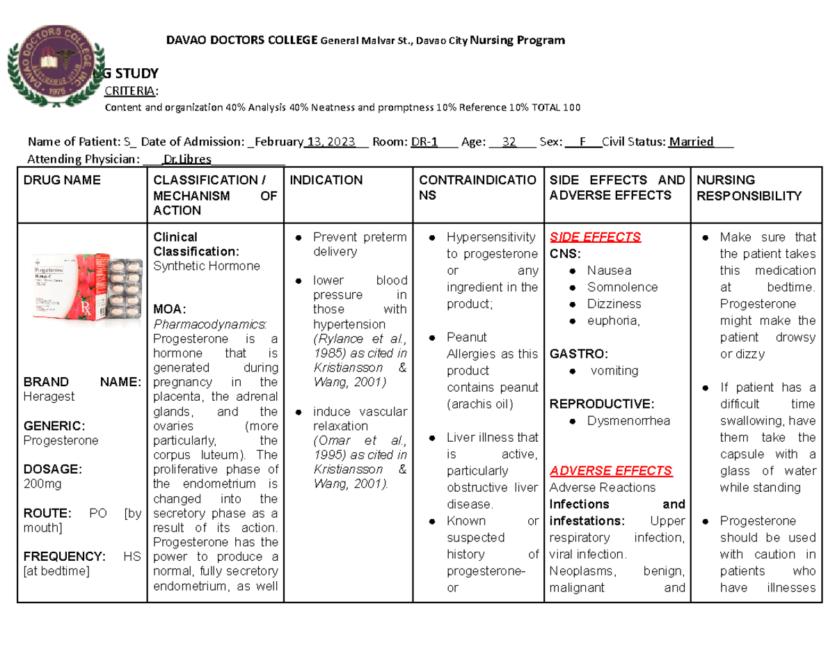 DRUG Study Heragest - DAVAO DOCTORS COLLEGE General Malvar St., Davao ...