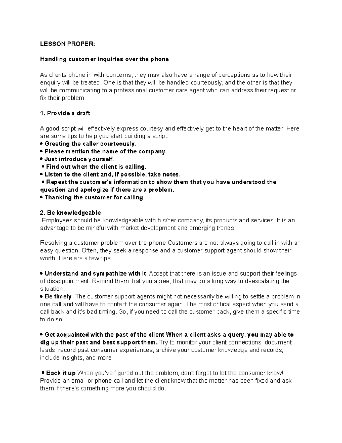 Lesson- Proper-6 - LESSON PROPER: Handling customer inquiries over the ...