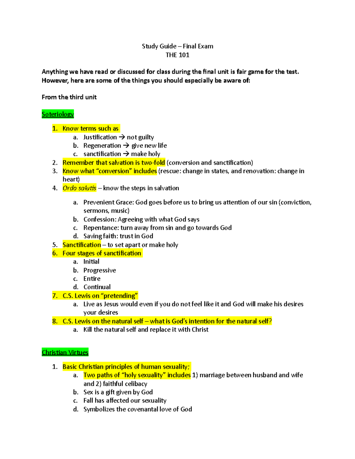 Theology Study Guide - Final Exam - Study Guide – Final Exam THE 101 ...