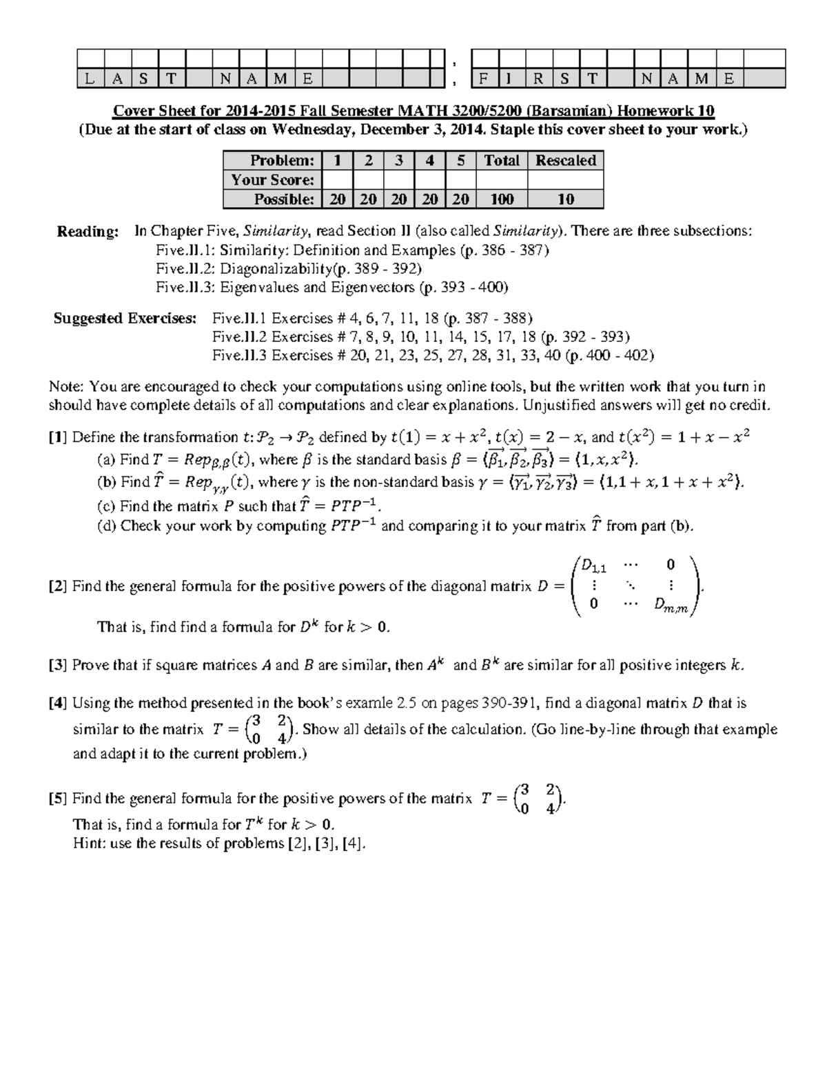 H10 MATH 3200 And MATH 5200 2014 2015 L A S T N A M E F I R S T N
