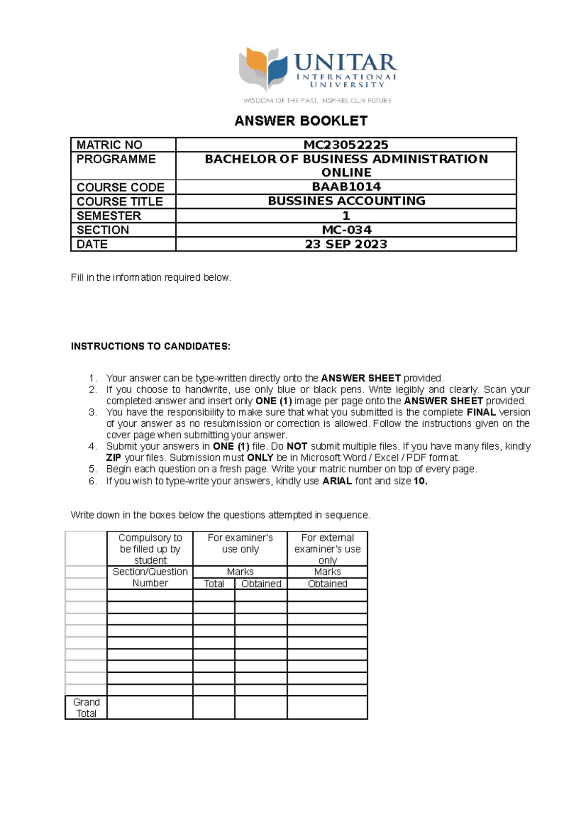(M) BAAB1014 Business Accounting - ANSWER BOOKLET MATRIC NO MC ...