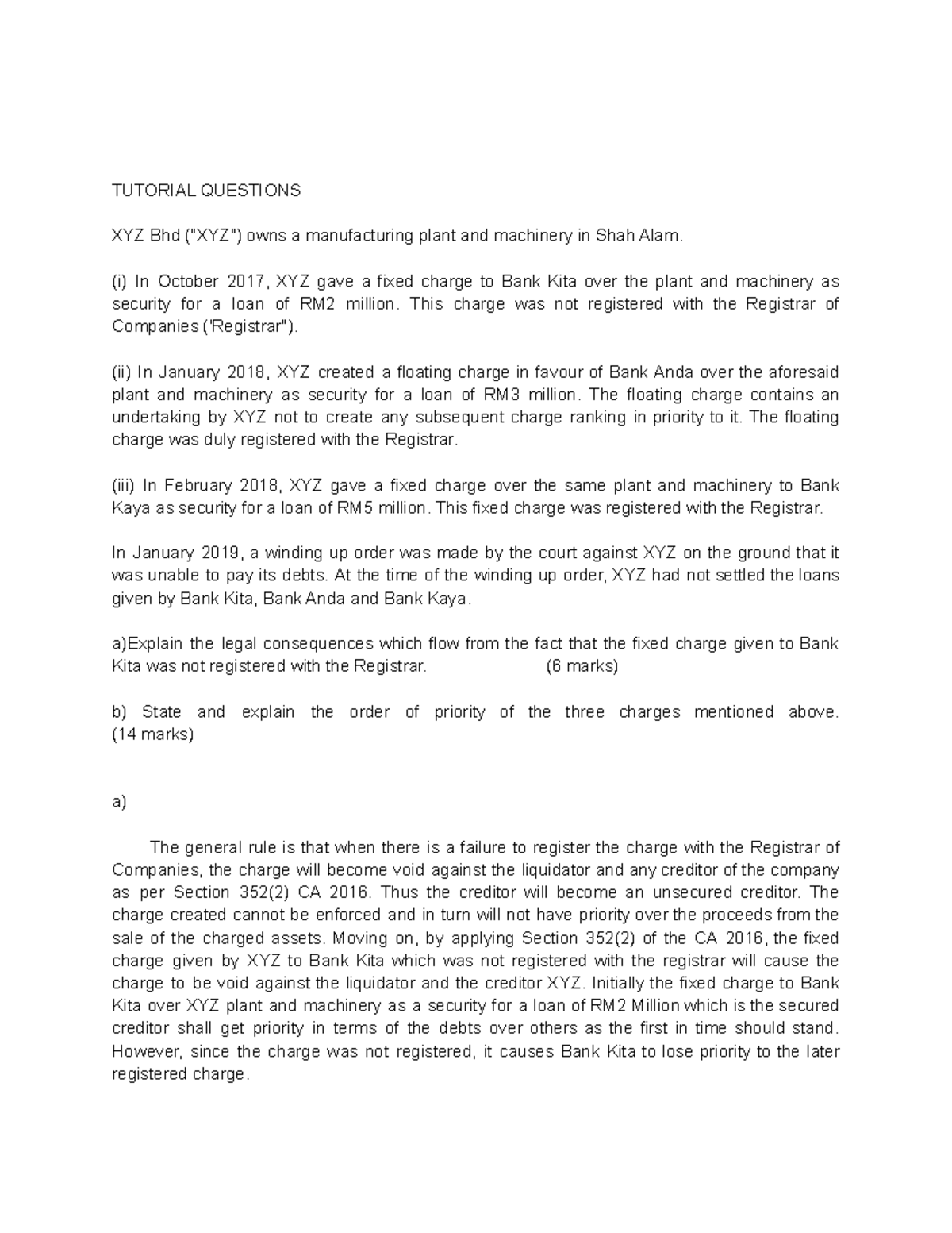 Tutorial Exercise 7 Week 12 - TUTORIAL QUESTIONS XYZ Bhd ("XYZ") owns a manufacturing - Studocu