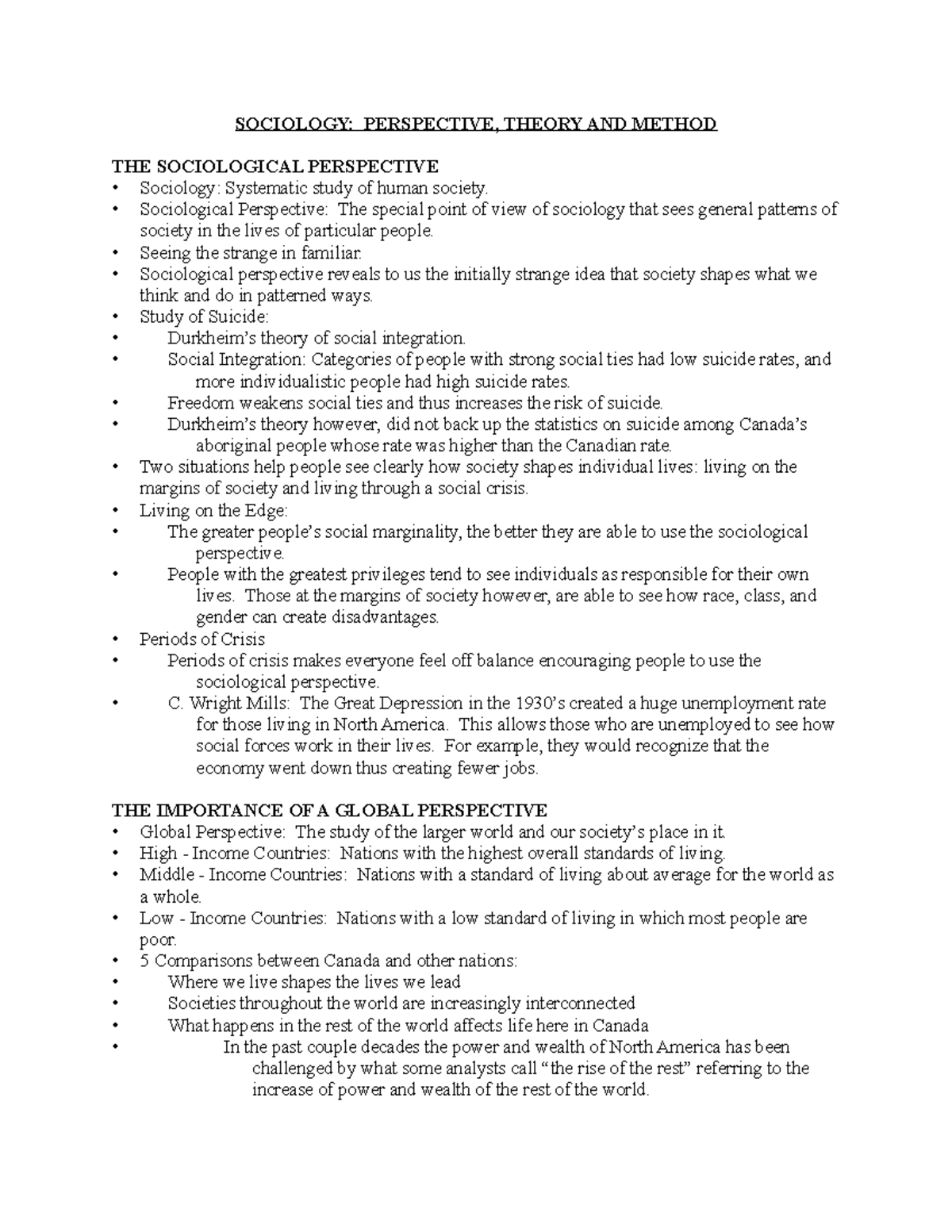 Sociology - Notes on first lec material - SOCIOLOGY: PERSPECTIVE ...