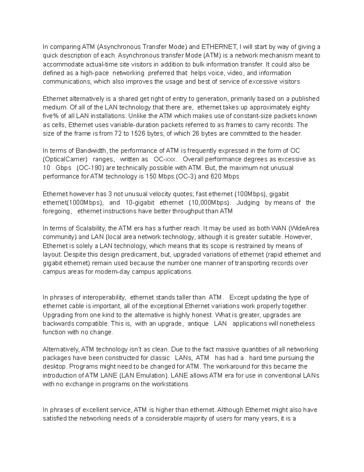 CS 2204 Discussion Forum unit 1 - In comparing ATM (Asynchronous Transfer Mode) and ETHERNET, I ...