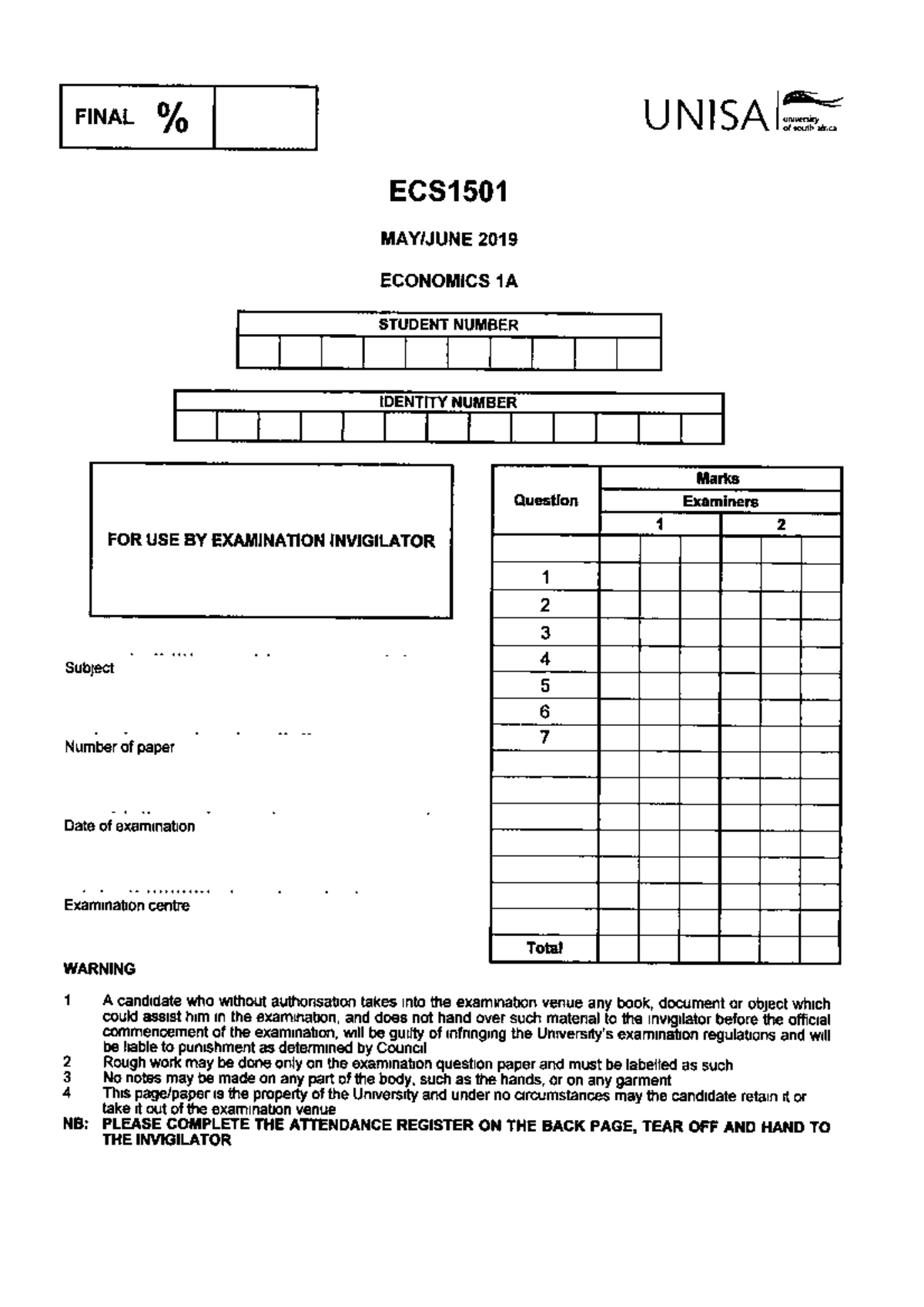 ECS1501 2019 6 E 1 - Question paper - ECS1501 - Studocu