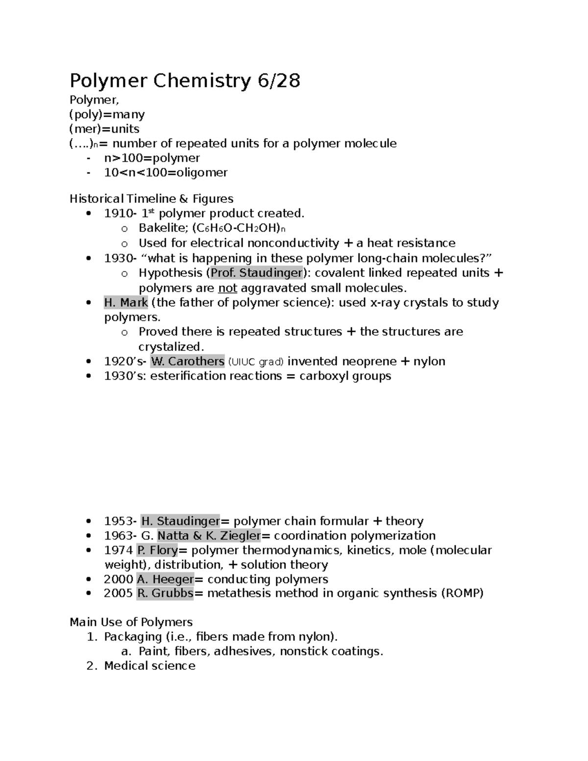 Chem 480 notes 1 - Polymer Chemistry 6/ Polymer, (poly)=many (mer ...