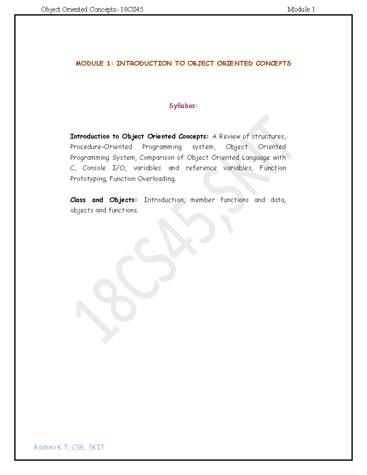 Module 1 Notes - fvd fbsf fd - Object Oriented Concepts- 18CS45Module 1 ...