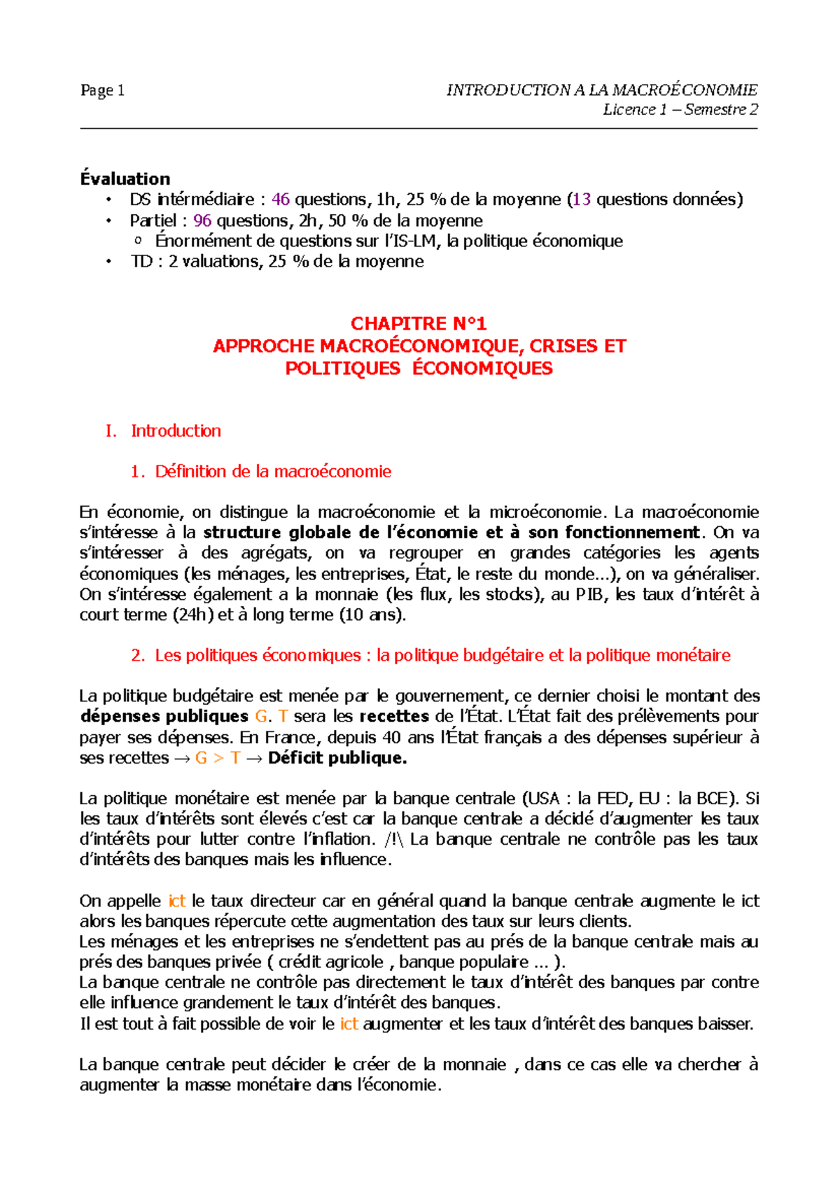 Intro. à la macroéconomie - Chapitre 1 - Licence 1 – Semestre 2 Évaluation DS intérmédiaire : 46 ...