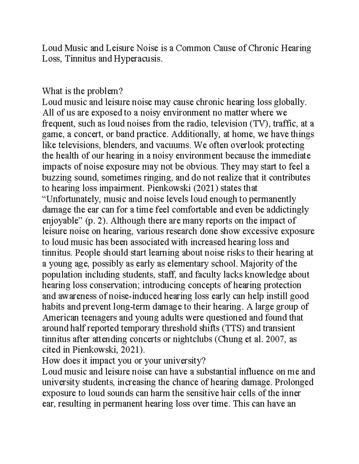 Module 2 EBP Assignment - Loud Music and Leisure Noise is a Common ...