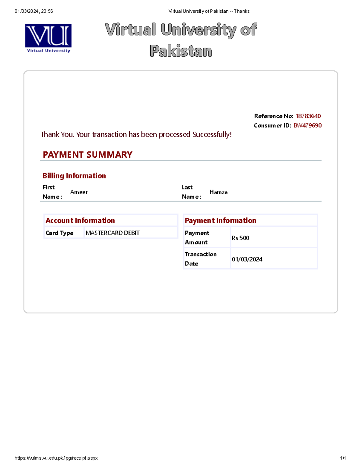 Virtual University of Pakistan - Thanks - vu.edu/ipg/receipt.aspx 1 ...