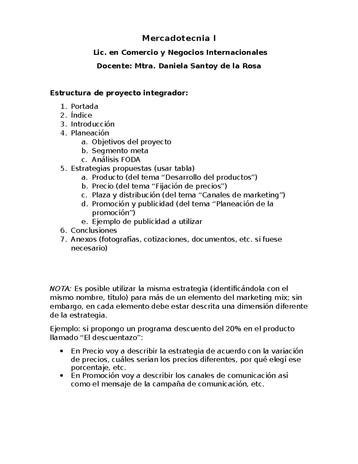Estructura de proyecto integrador - Mercadotecnia I Lic. en Comercio y Negocios Internacionales ...