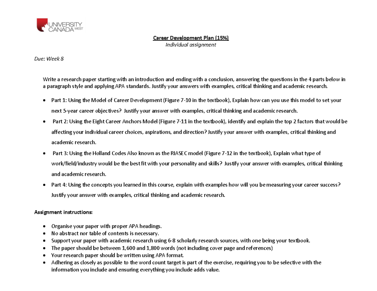 Career Development Plan Assignment - Summer 2023 - Career Development ...