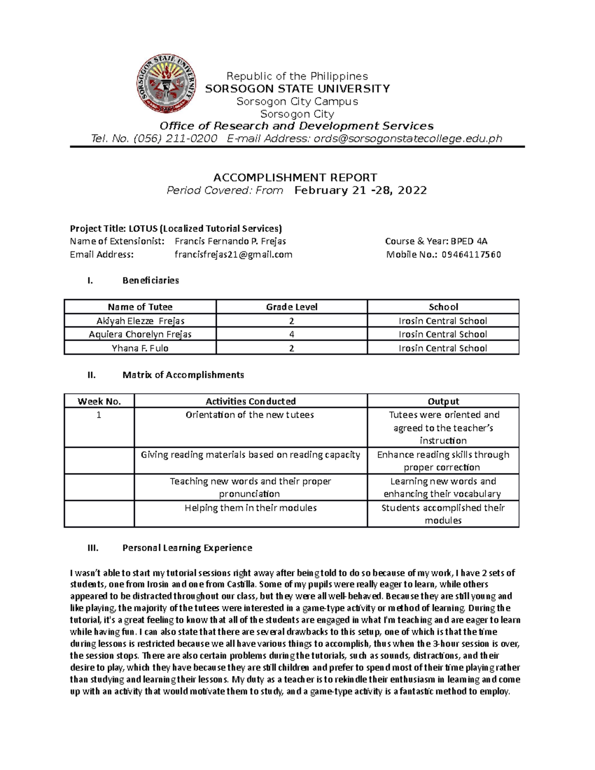 AR - accomplishment report - Republic of the Philippines SORSOGON STATE ...