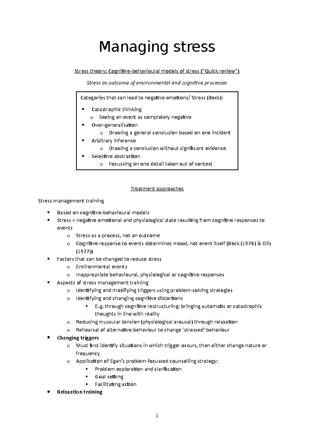 13 - Managing stress - Managing stress Stress theory: Cognitive ...