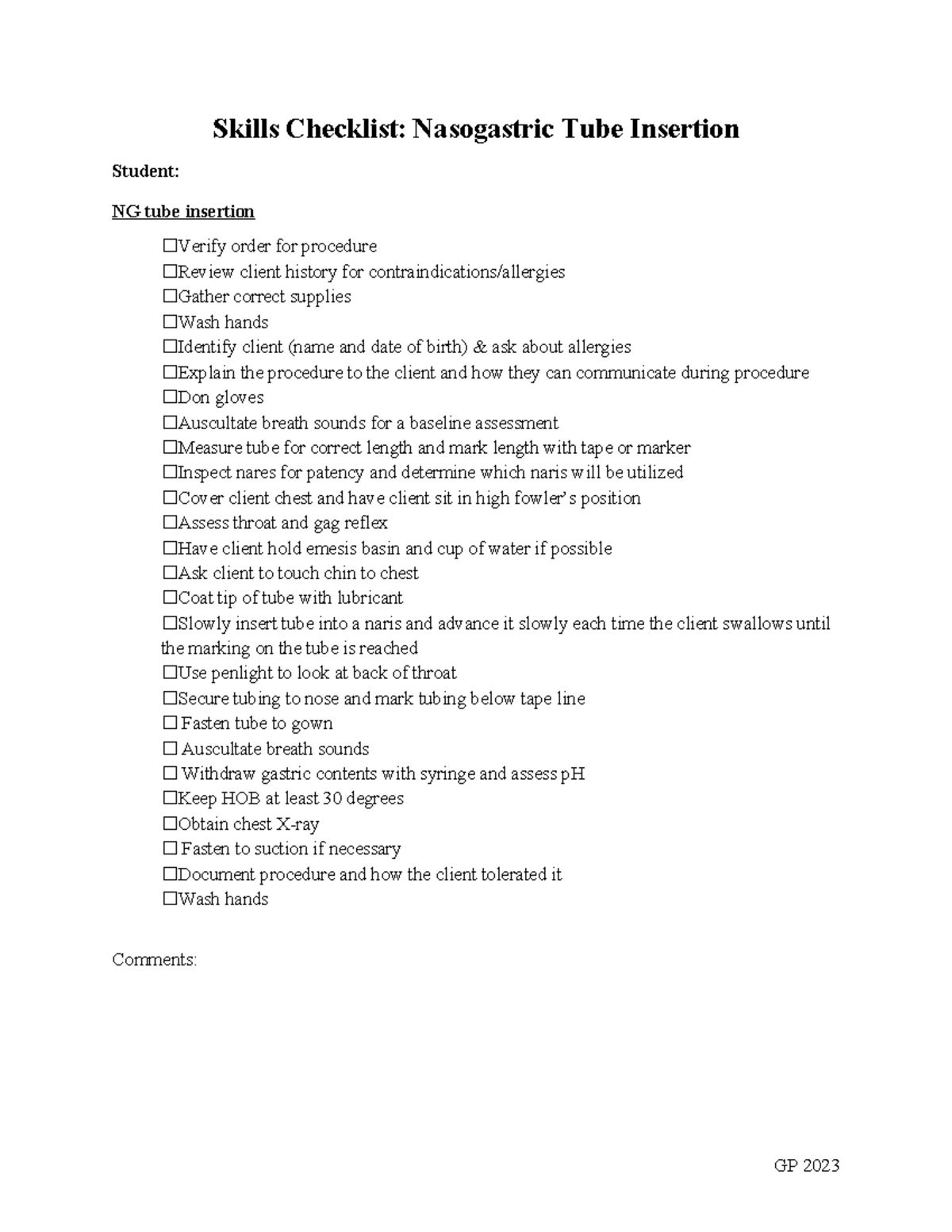 NG+Tube+Insertion+Checklist - Skills Checklist: Nasogastric Tube ...