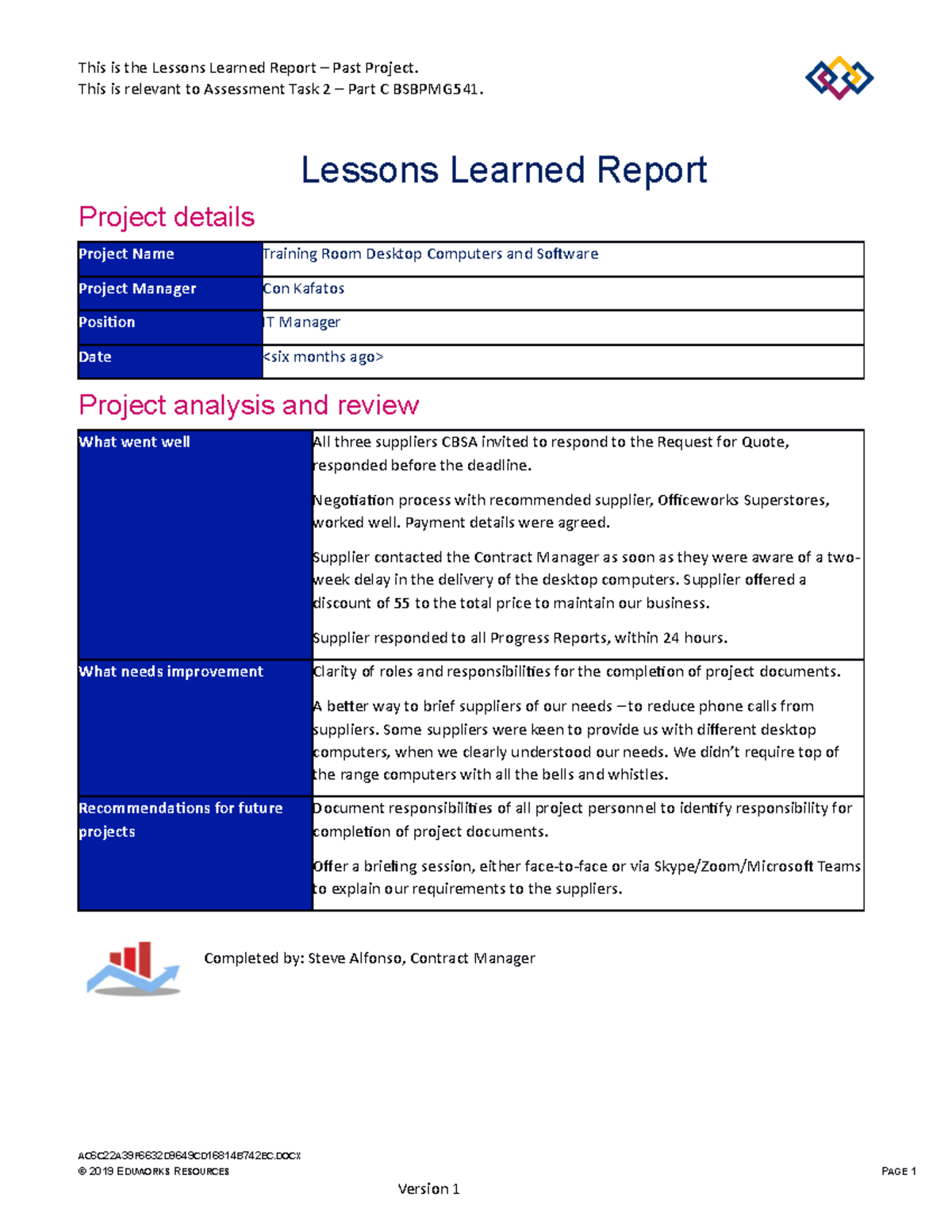 Bsbpmg 541 SD Lessons Learned Report Past Project V1.0 (ID 181530 ...