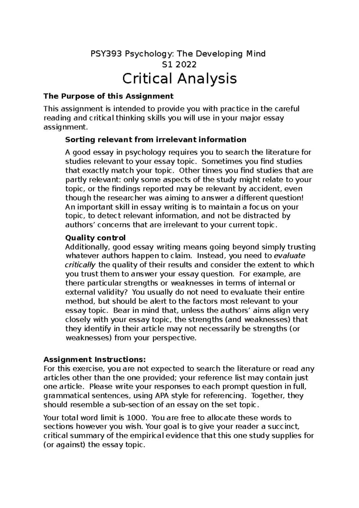 Critical Analysis - PSY393 Psychology: The Developing Mind S1 2022 ...