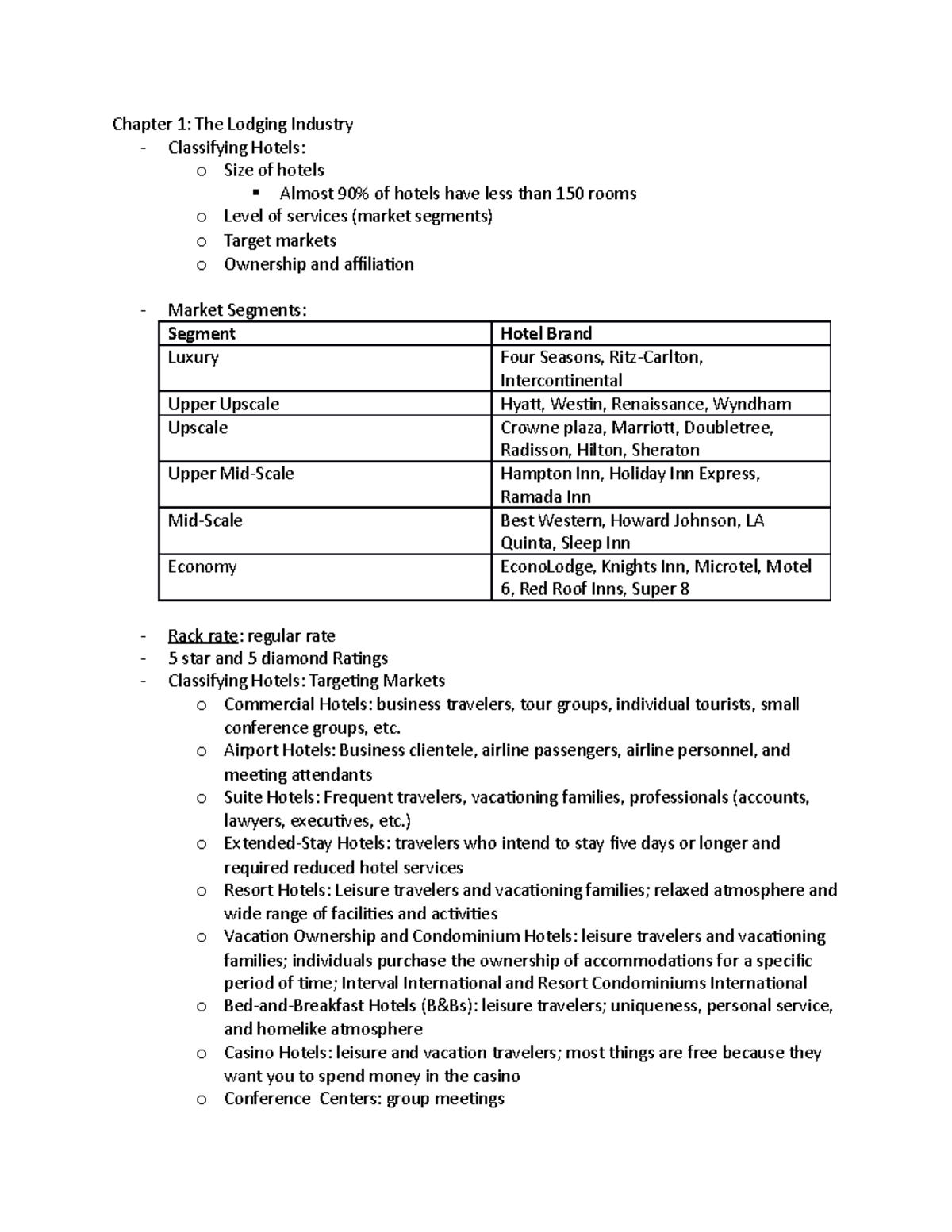 Chapter 1 - Lecture notes 1 - Chapter 1: The Lodging Industry ...