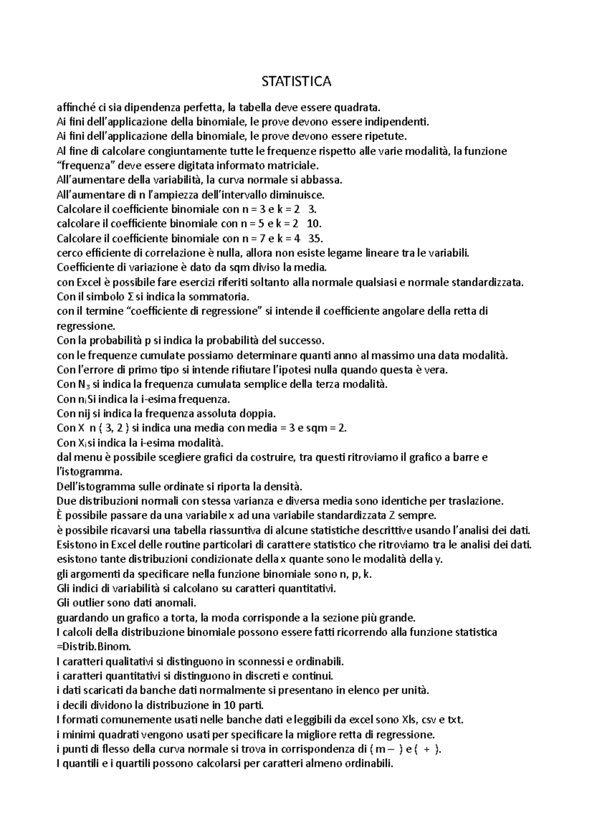 Statistica riassunto e test - statistica (6cfu) - UniMercatorum - Studocu