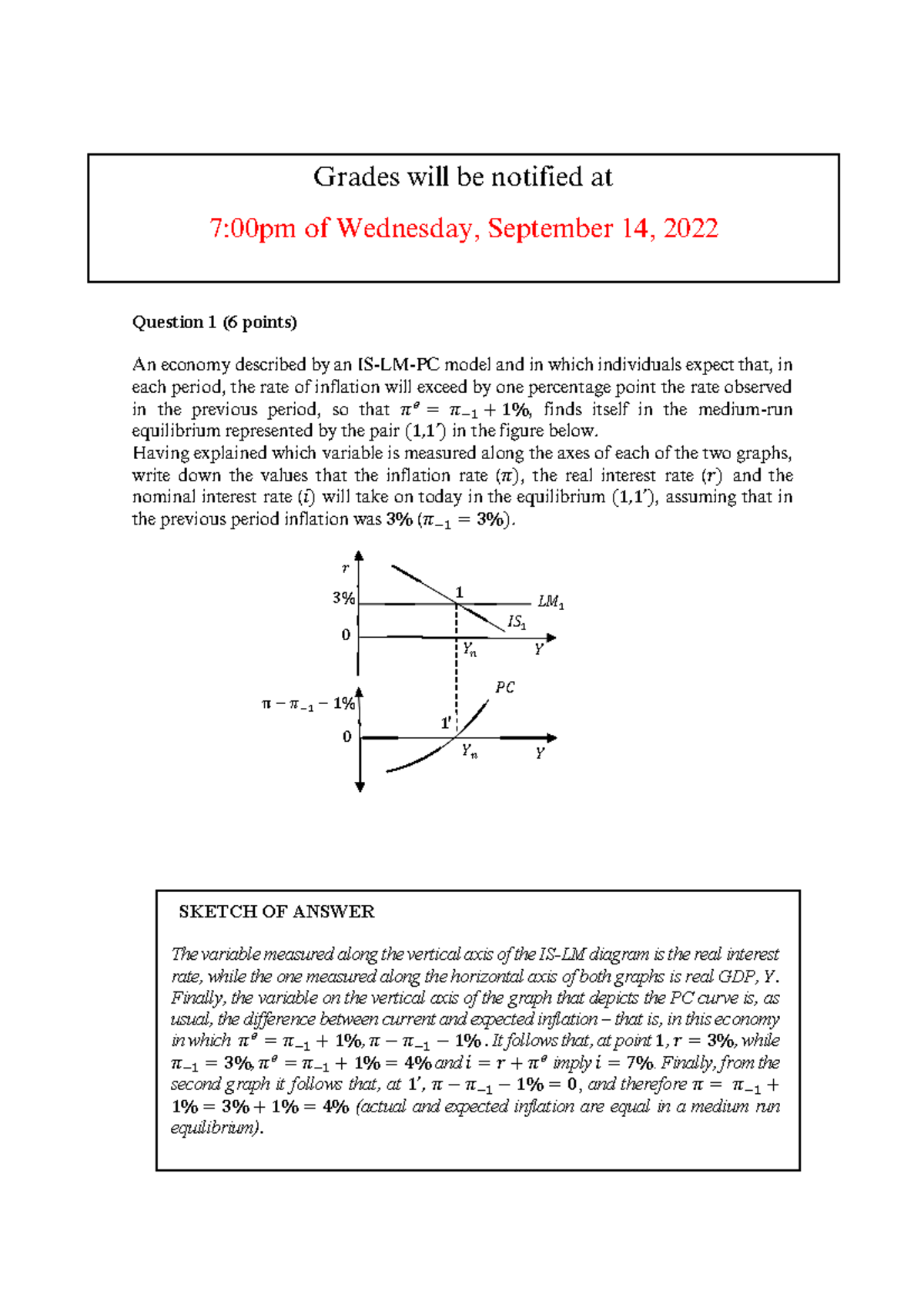 SOL September 2022 - Question 1 (6 points) An economy described by an ...