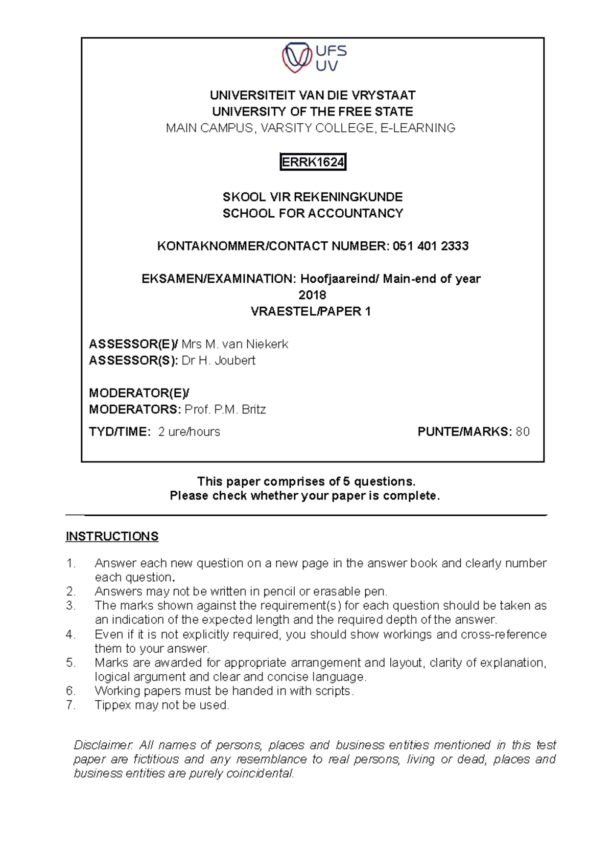 ERRK1624 2018 main EXAM - EACC1624 - UFS UV - Studocu