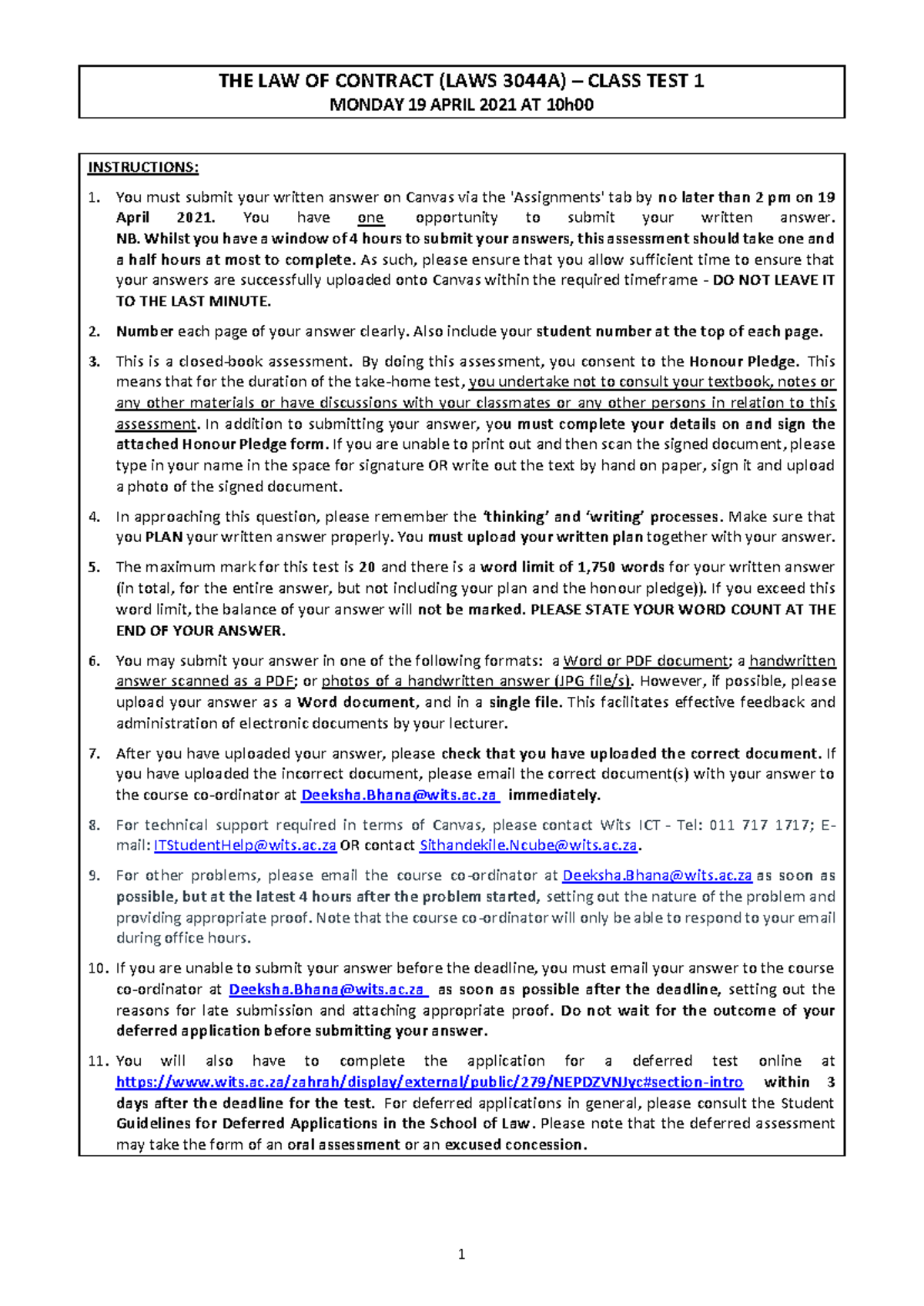 2021 Contract Law Test - 1 THE LAW OF CONTRACT (LAWS 30 44A) – CLASS ...