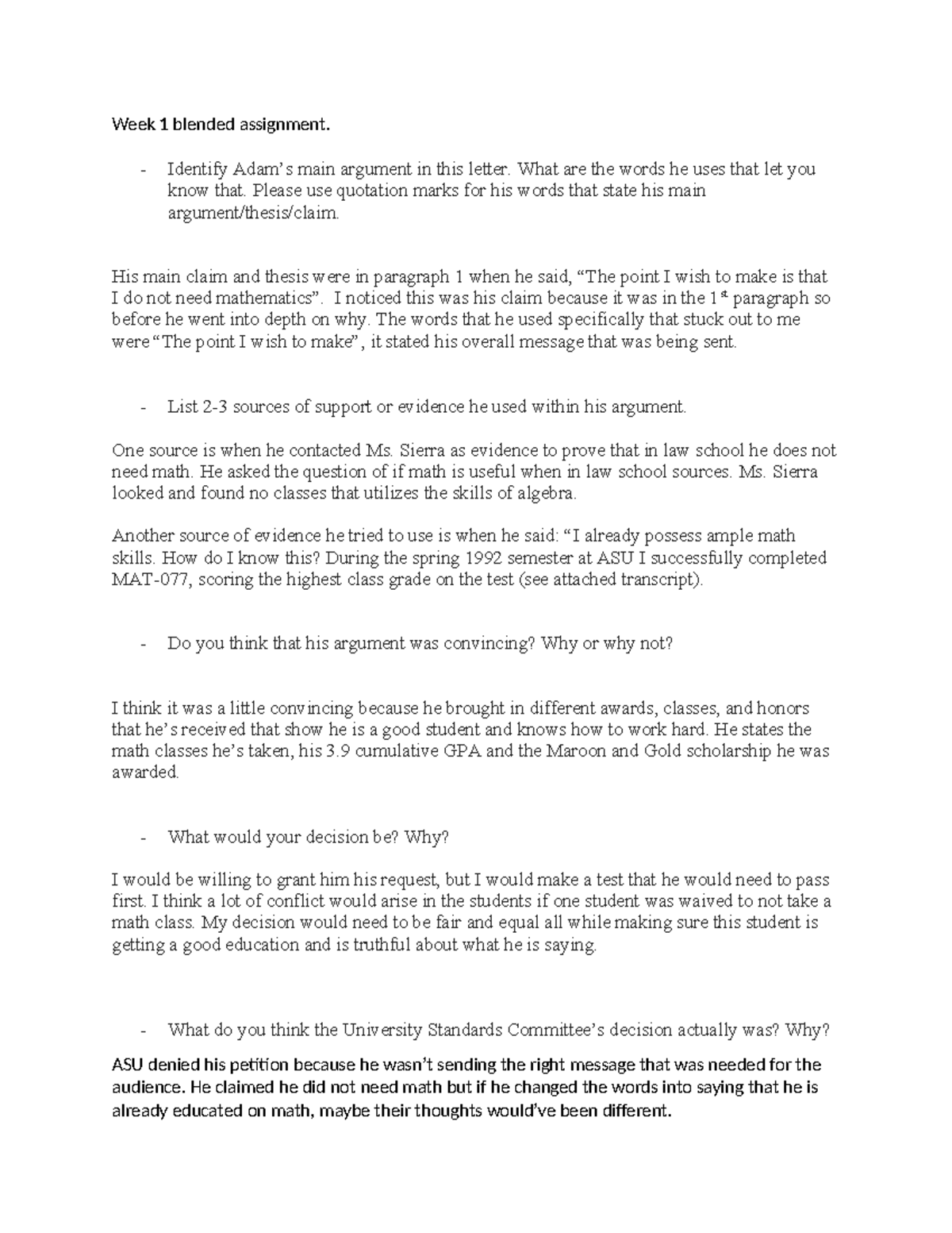 Week 1 blended assignment - Week 1 blended assignment. - Identify Adam’s main argument in this ...