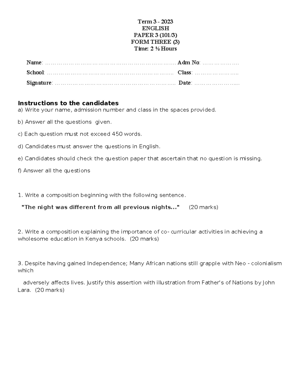 F3 ENG PP3 QS-b - Term 3 - 2023 ENGLISH PAPER 3 (101/3) FORM THREE (3 ...