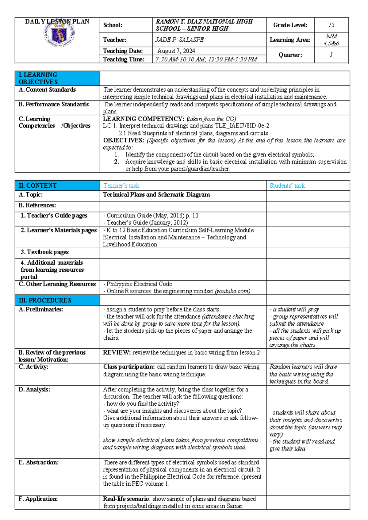 Lesson 4 EIM 12 - Reading Electrical Diagrams - DAILY LESSON PLAN ...