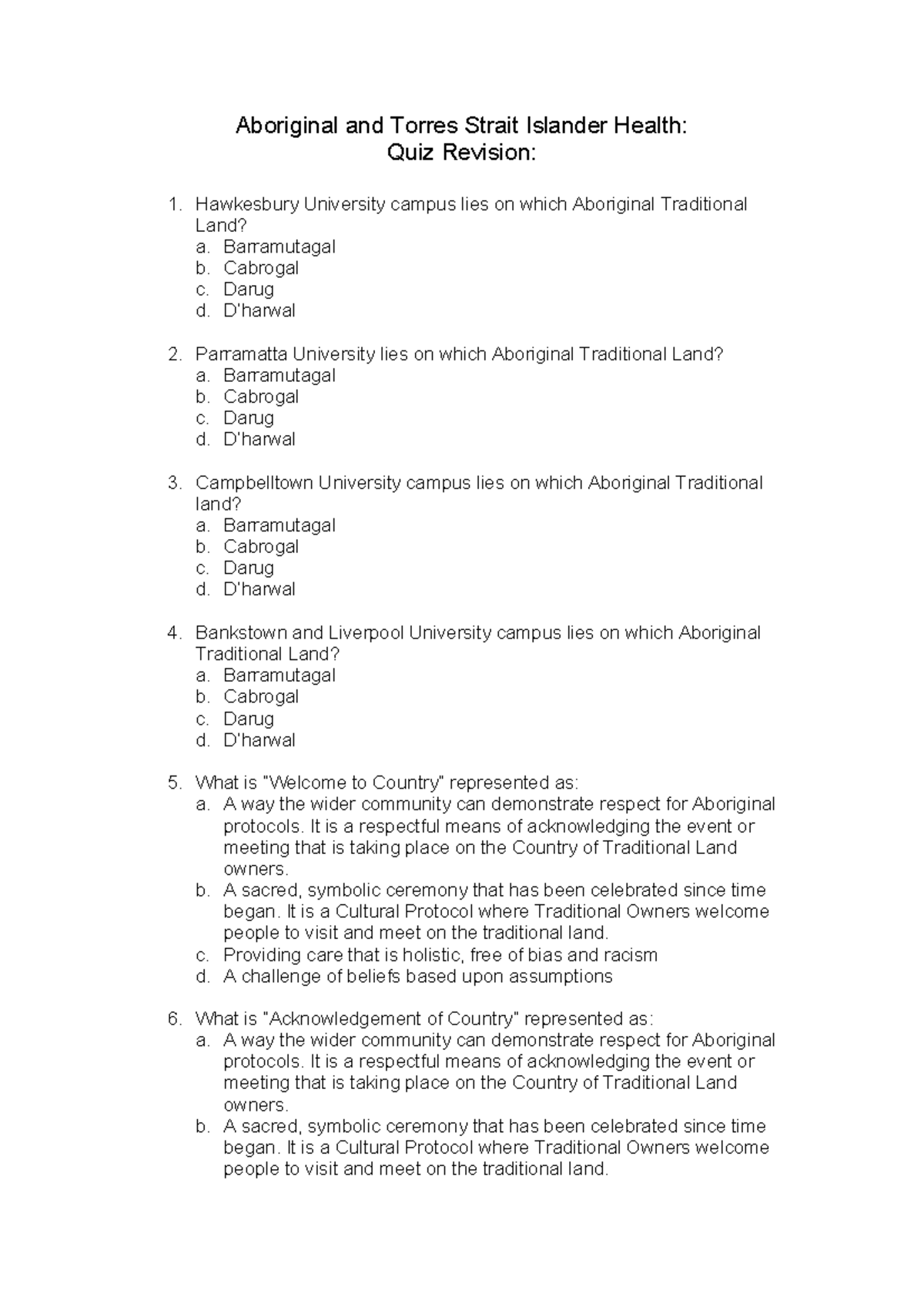 Aboriginal Health QUIZ copy - Aboriginal and Torres Strait Islander ...