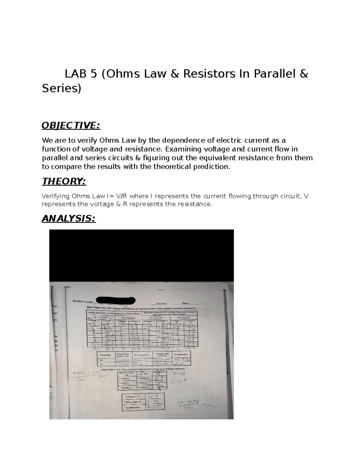 Lab 5 Ohms Law and Resistors In Parallel and In Series - LAB 5 (Ohms ...