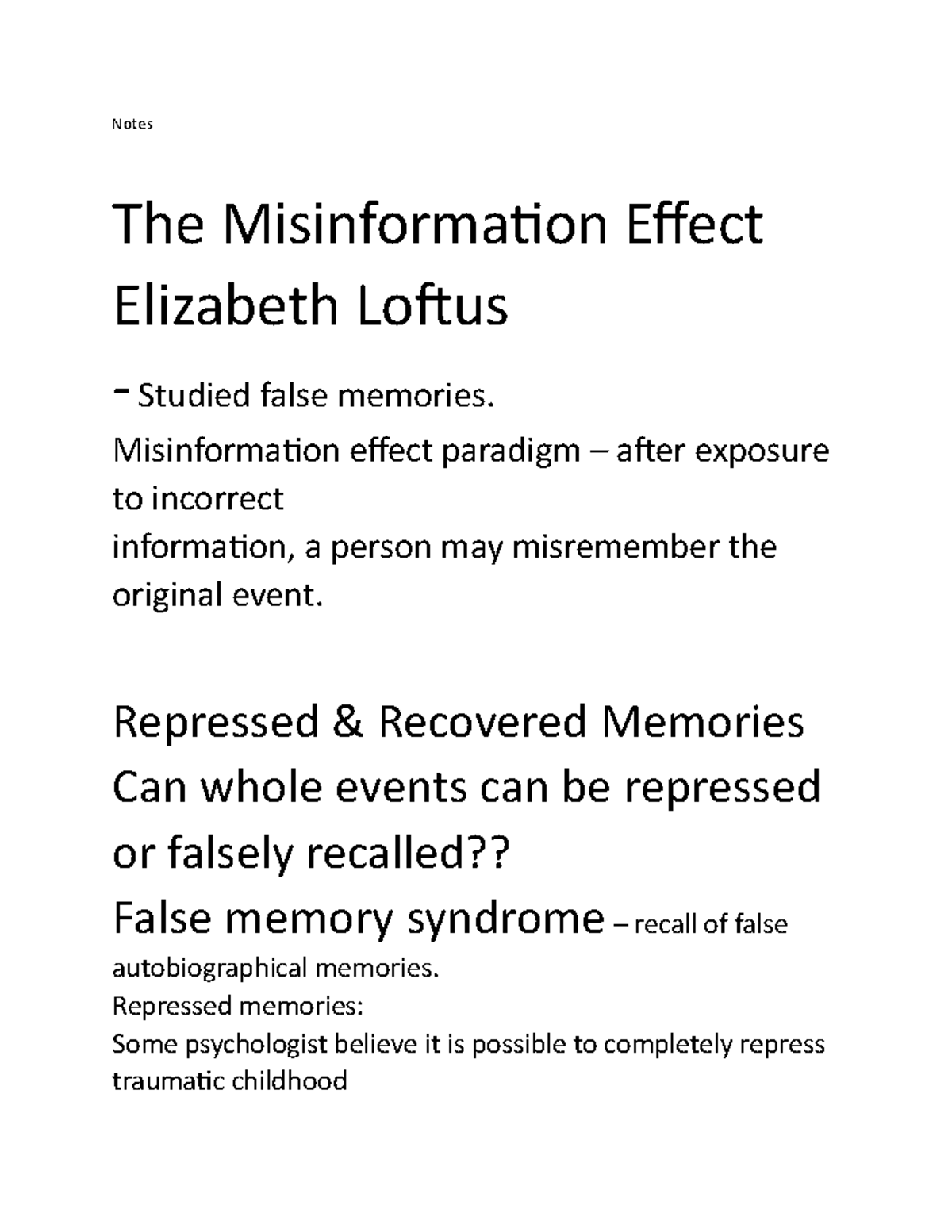 Document 121 - sleep dept - Notes The Misinformation Effect Elizabeth ...