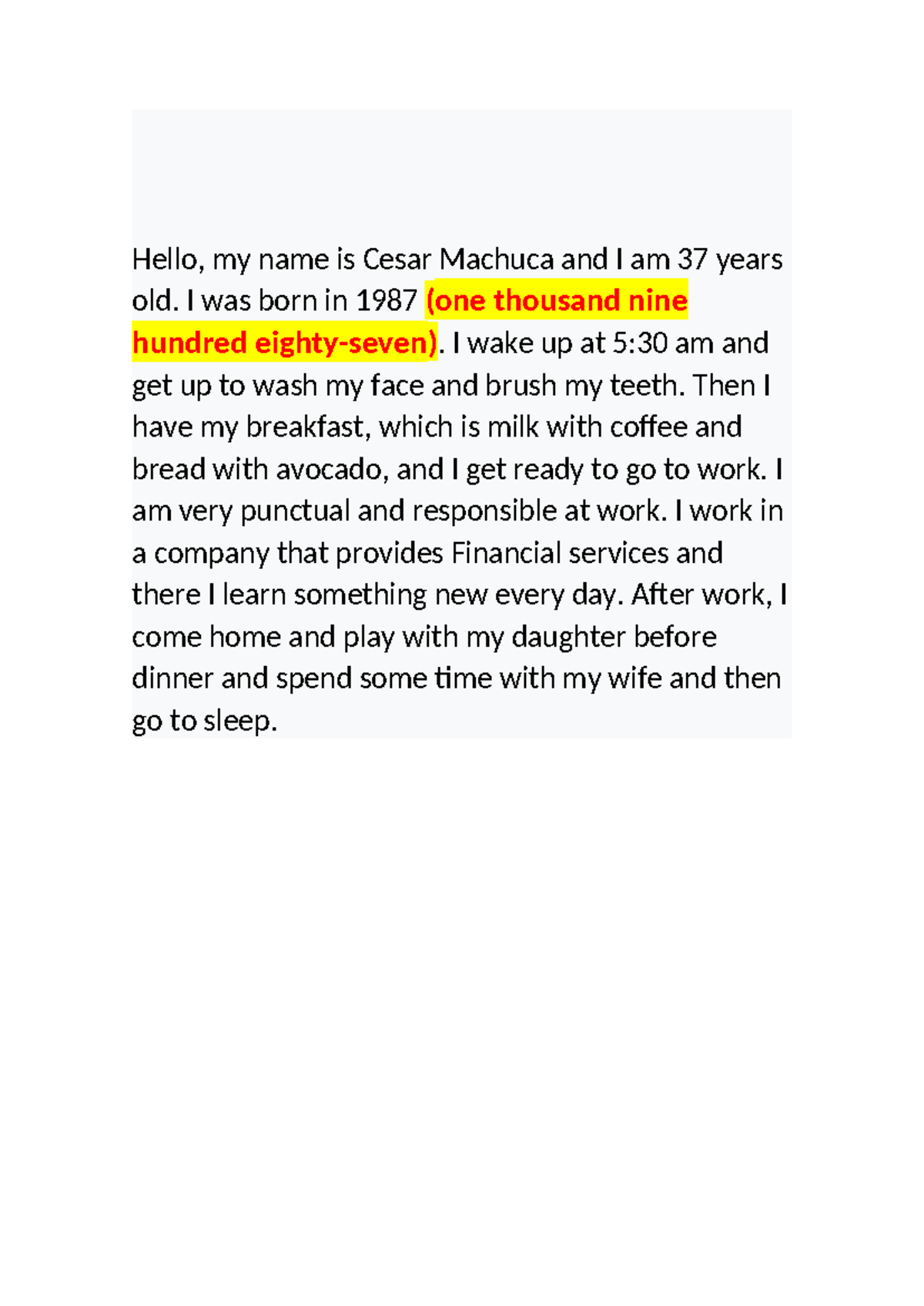 Ingles marzo 2024 - Hello, my name is Cesar Machuca and I am 37 years ...