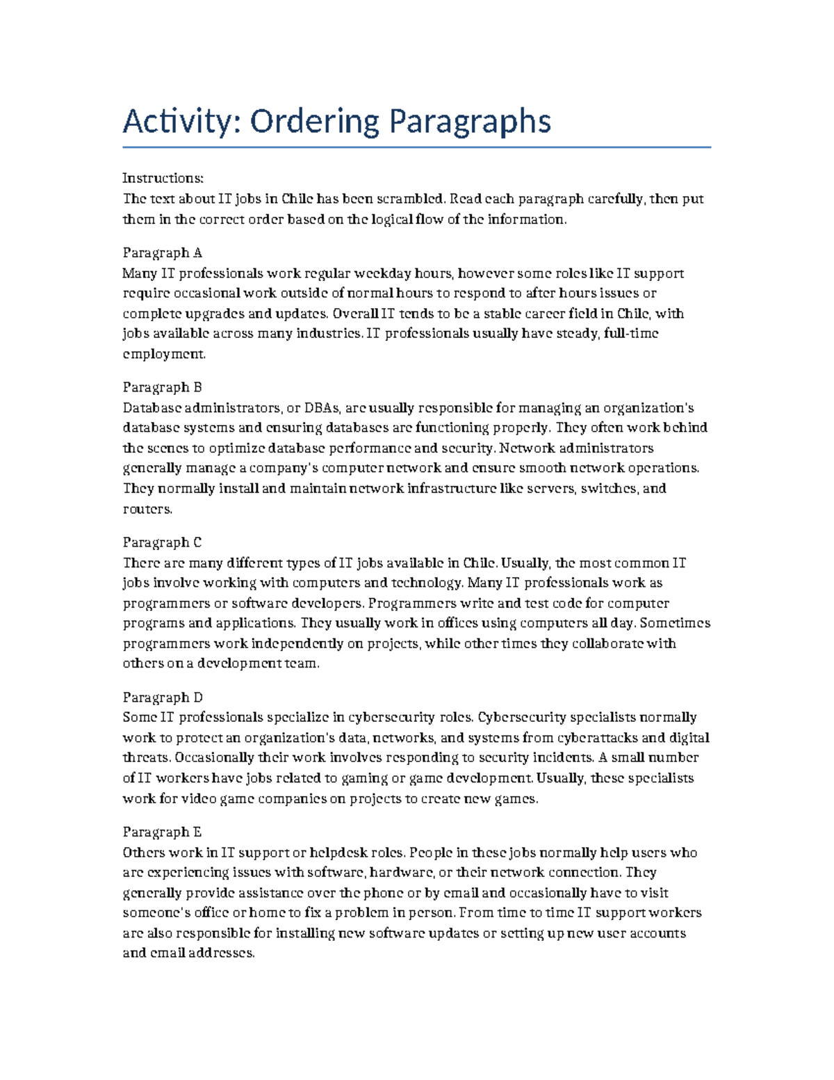 IT Jobs Ordering Activity - Activity: Ordering Paragraphs Instructions ...