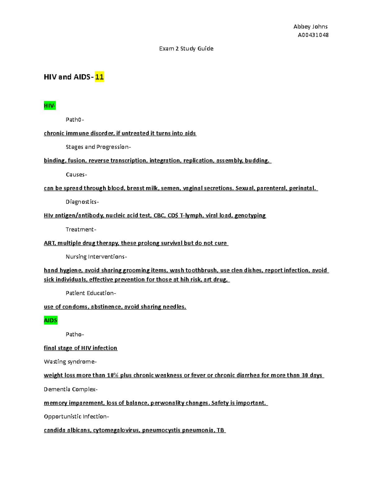 Exam 2 study guide - jrbwkjbw - A Exam 2 Study Guide HIV and AIDS- 11 ...