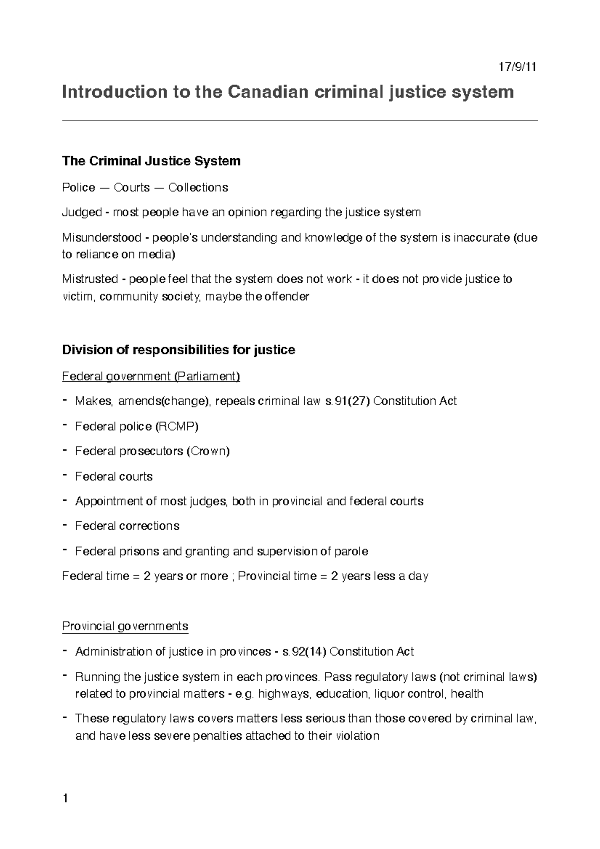 Topic 1 Class lecture - Introduction to the Canadian criminal justice ...
