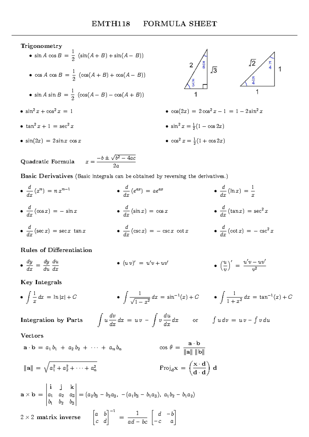EMTH118 formula sheet - EMTH118 FORMULA SHEET Trigonometry • sin A cos ...