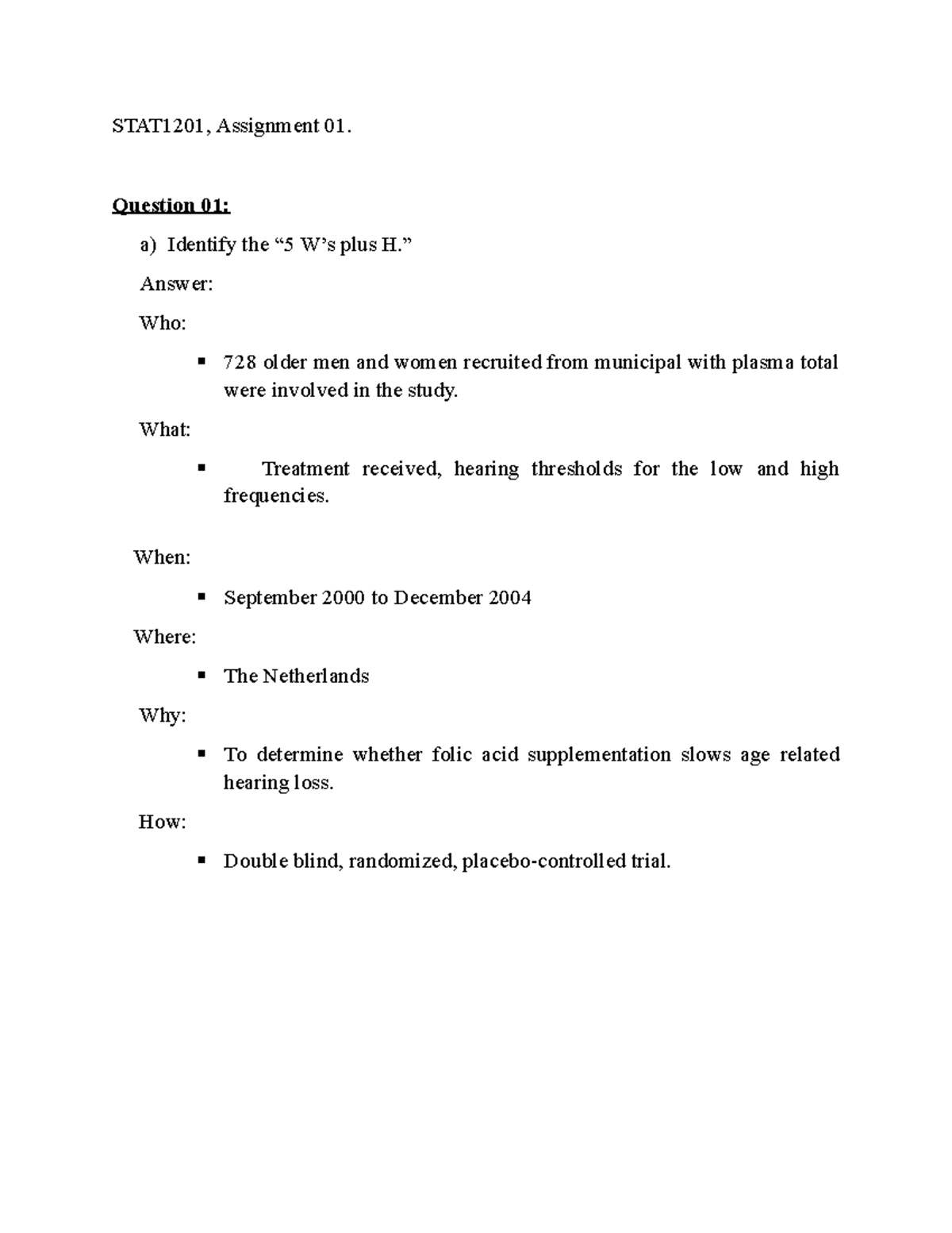 STAT1201, Assignmnet 01. Studoc - STAT1201, Assignment 01. Question 01: a) Identify the “5 W’s ...