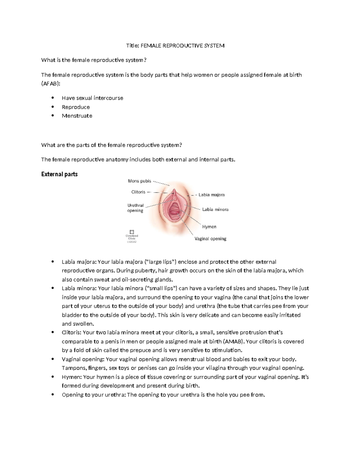Female Reproductive System - Title: FEMALE REPRODUCTIVE SYSTEM What is ...