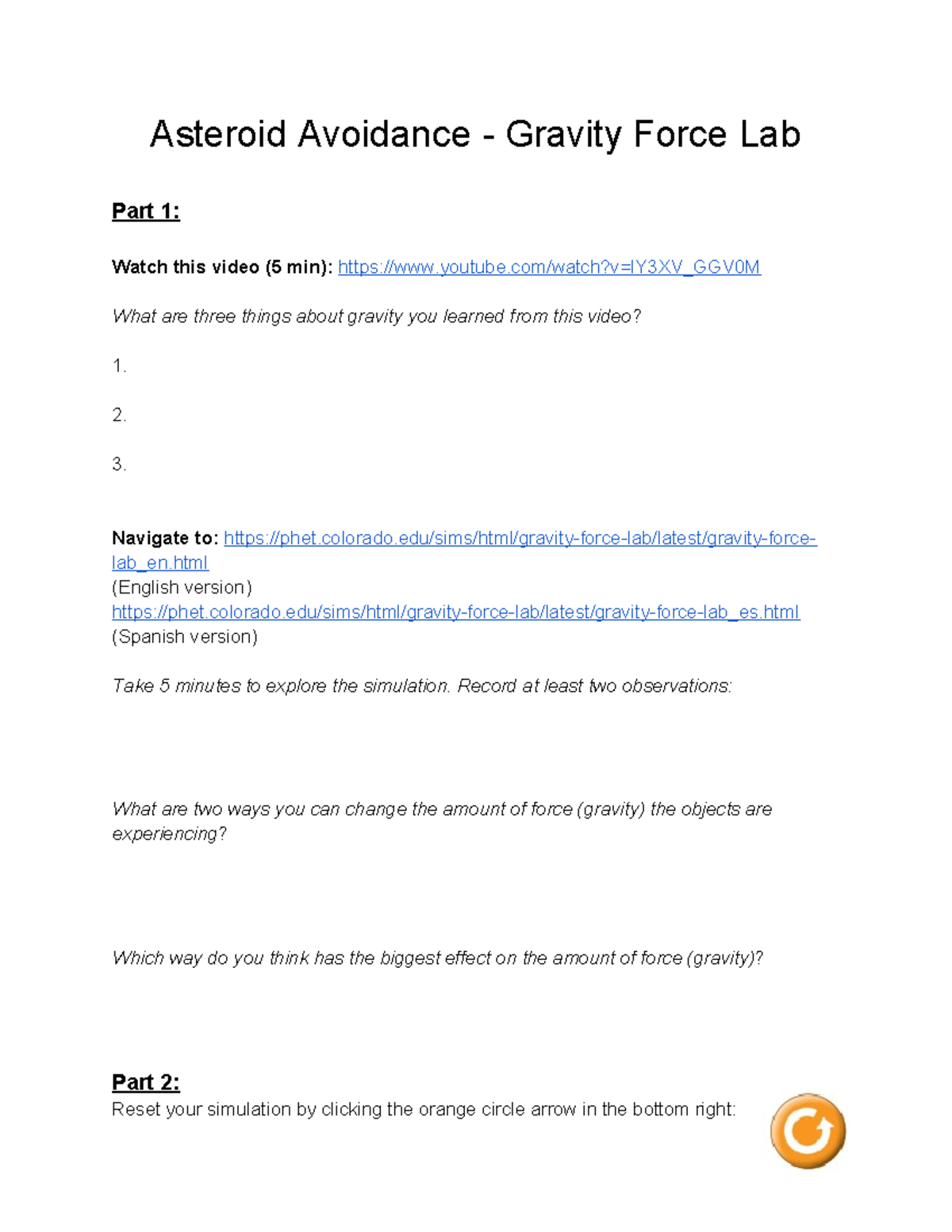 Gravity Force Lab - lab - Asteroid Avoidance - Gravity Force Lab Part 1 ...